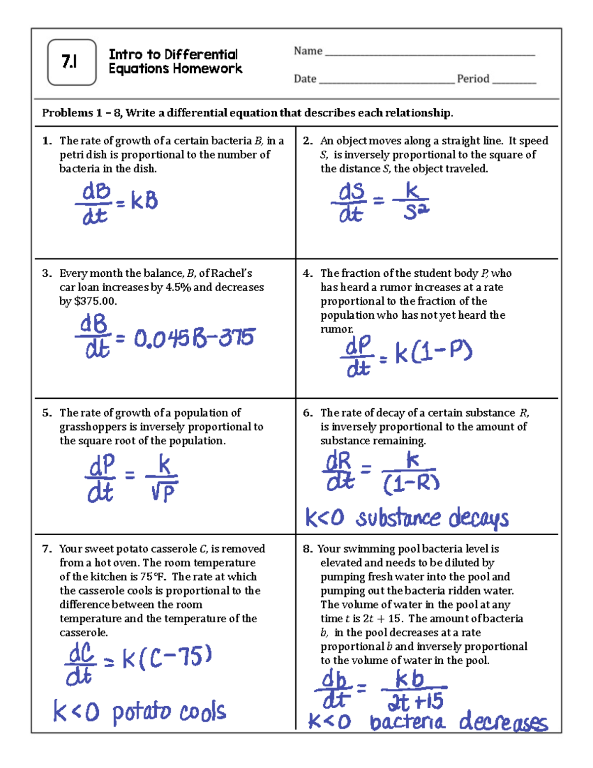Practice 7.1: Intro to Differential Equations Homework Solutions - Studocu