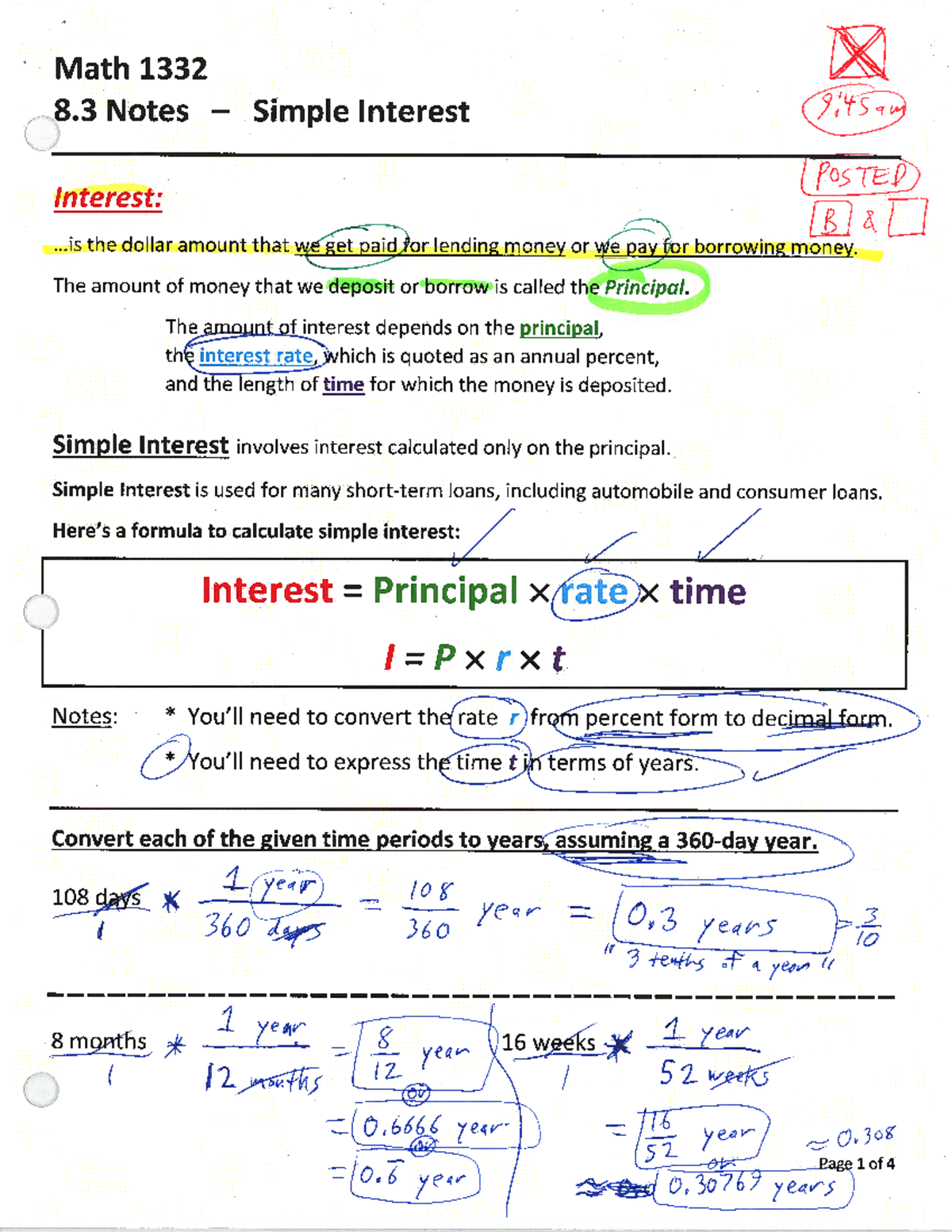 Math 1332 Simple Interest Notes and Calculations - Studocu