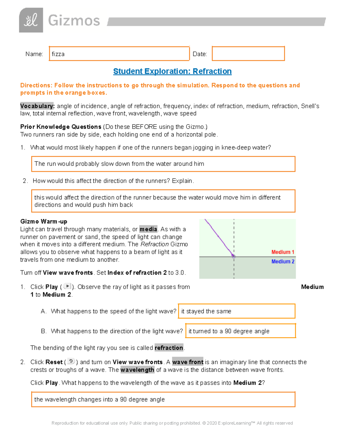 Refraction Gizmo Exploration SE Answer Sheet - Student: Fizza - Studocu
