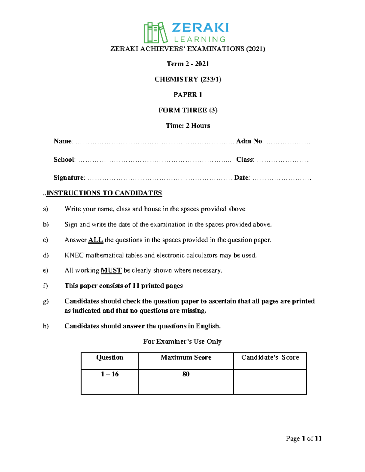 Chemistry 233/1 Form 3 Paper 1 - Zeraki Achievers 2021 Question Paper - Studocu