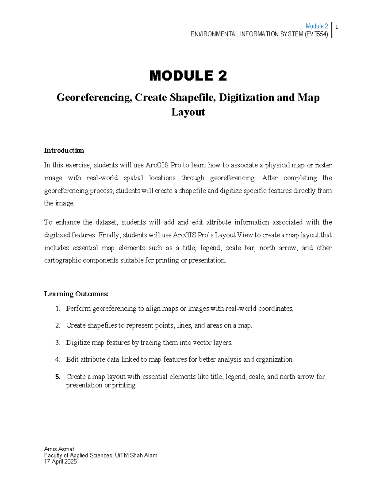 EVT554 Module 2: Georeferencing, Shapefile Creation & Map Layout - Studocu