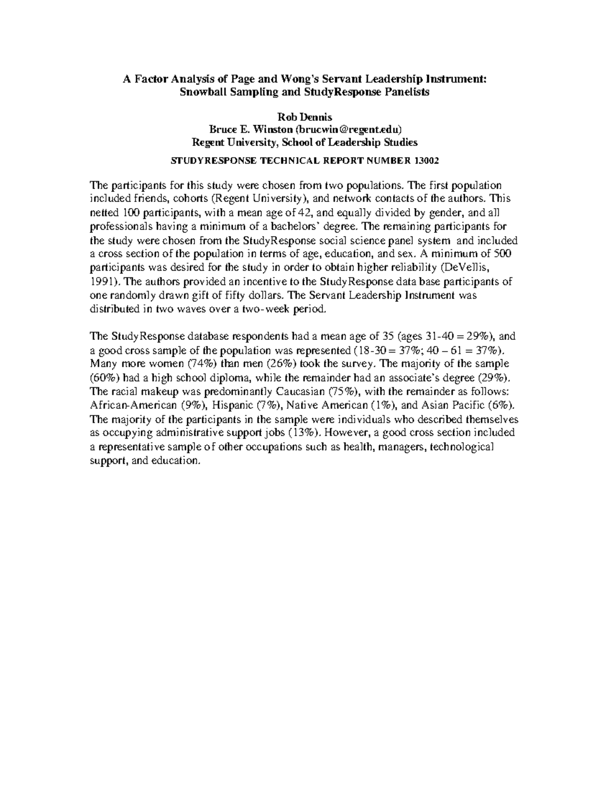 Factor Analysis of Page & Wong's Leadership Instrument: StudyResponse ...