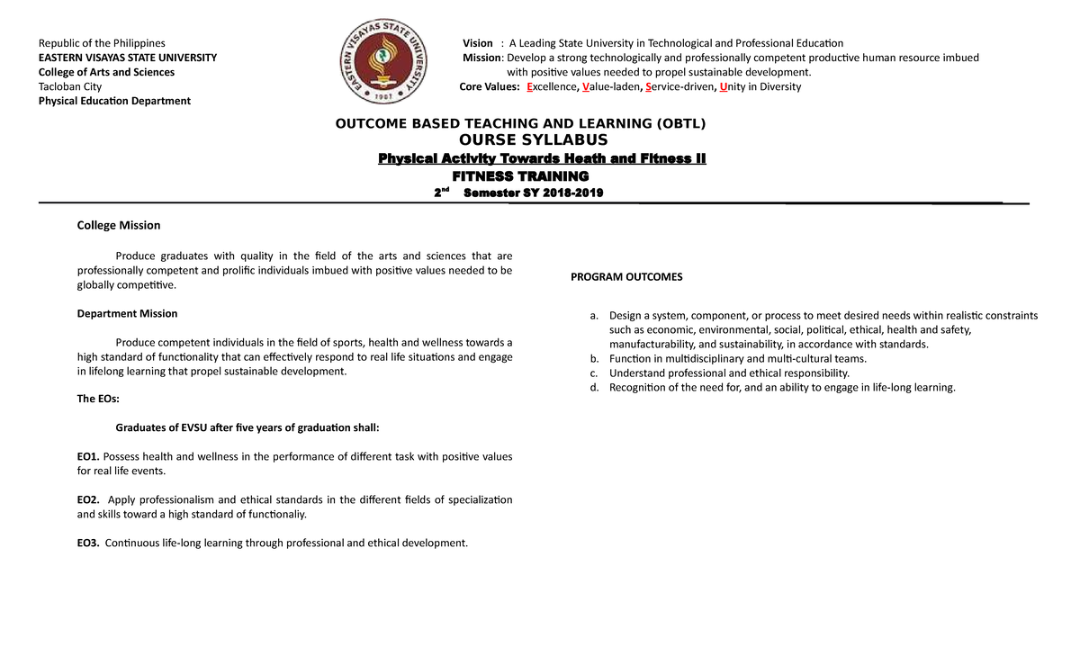 PE 122 Fitness Training II - Course Syllabus and Outcomes - Studocu