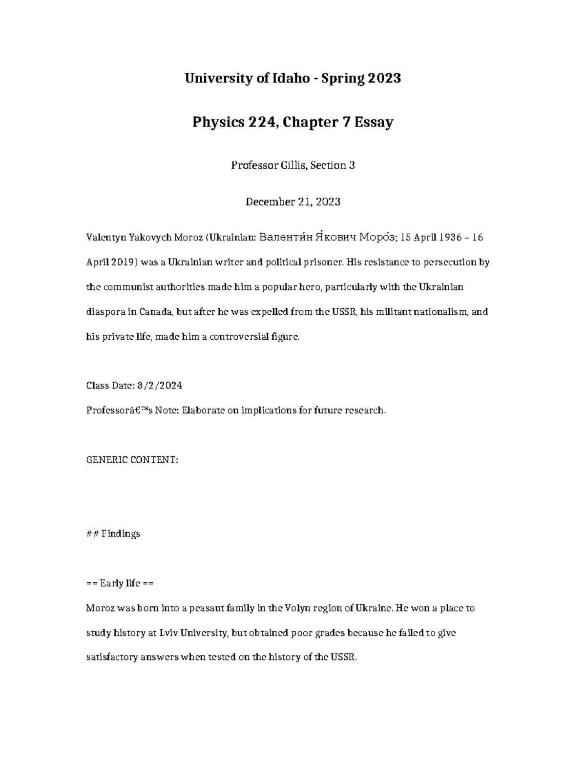 Physics 224 Chapter 7 Essay: Valentyn Moroz's Life and Legacy - Studocu