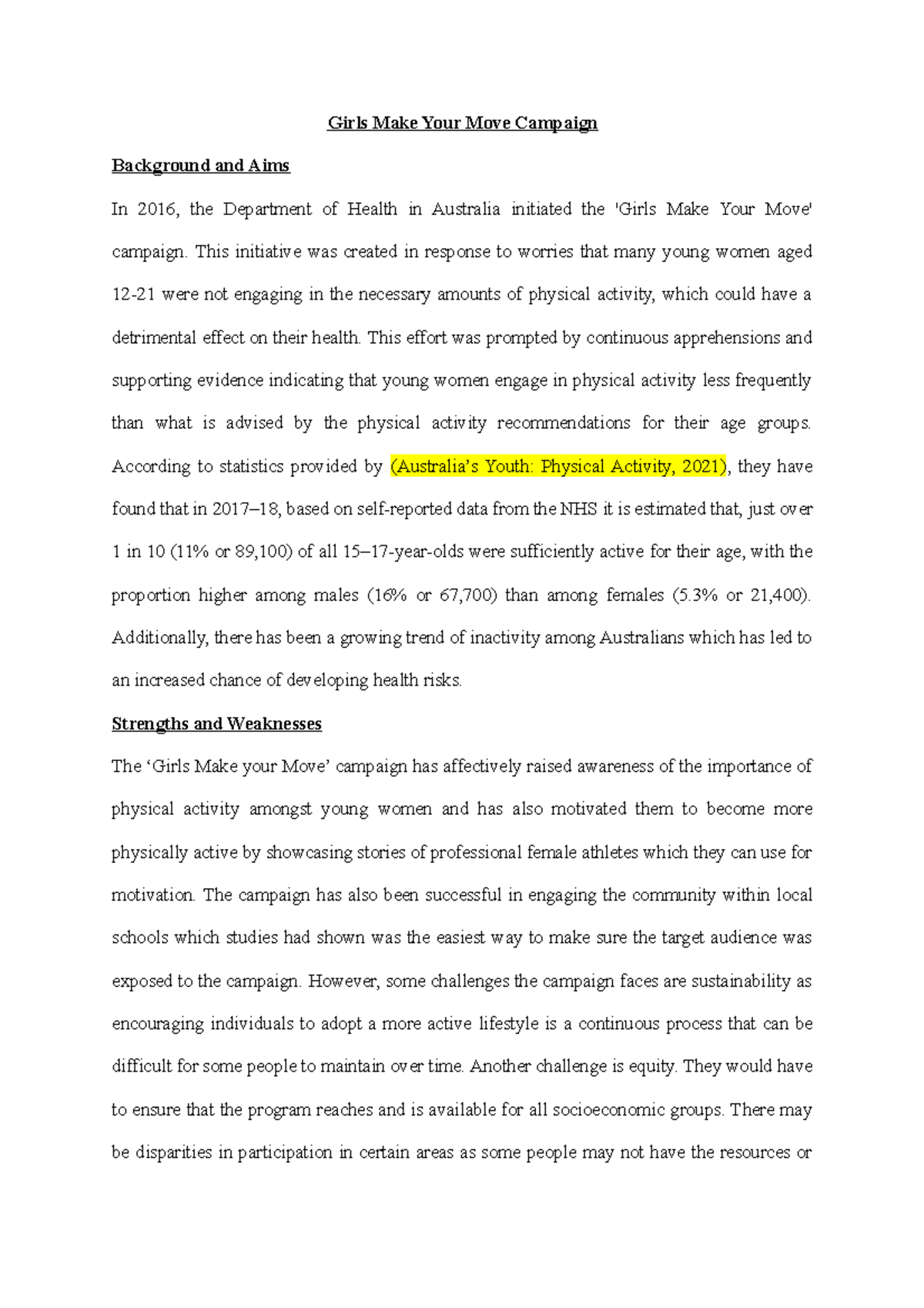 Health Promotion Task 1: Evaluating the Girls Make Your Move Campaign ...