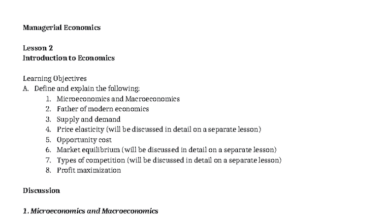 Managerial Economics Lesson 2: Introduction to Economics Concepts - Studocu