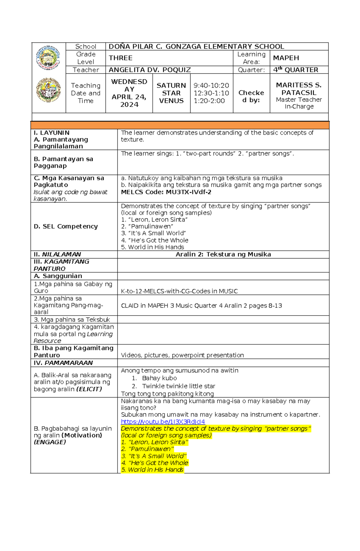 Q4 Mapeh WEEK 2 DAY 3 - Lesson plan - School DOÑA PILAR C. GONZAGA ...