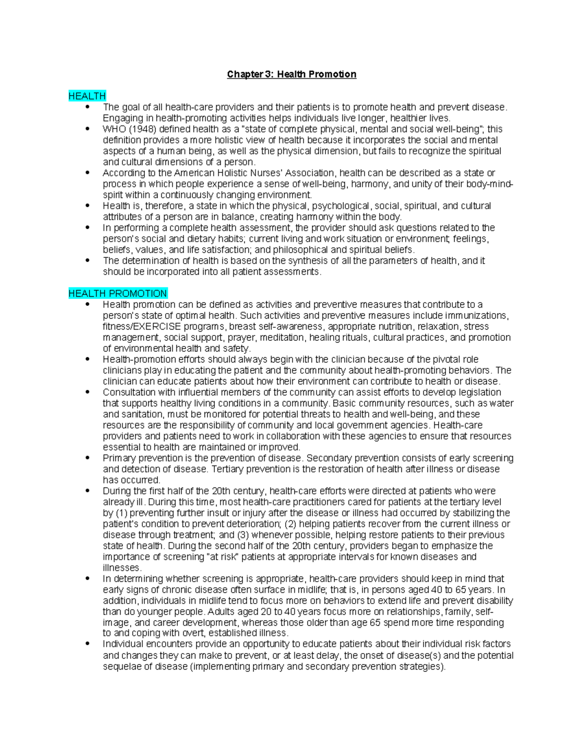 Ch 3: Health Promotion Notes - Understanding Health & Prevention - Studocu