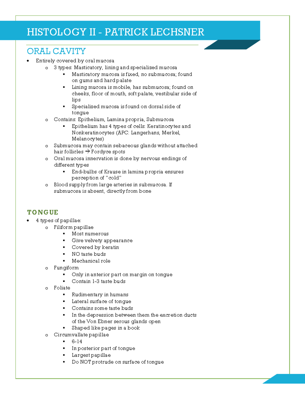 HISTOLOGY II - ORAL CAVITY & DIGESTIVE SYSTEM SUMMARY - Studocu