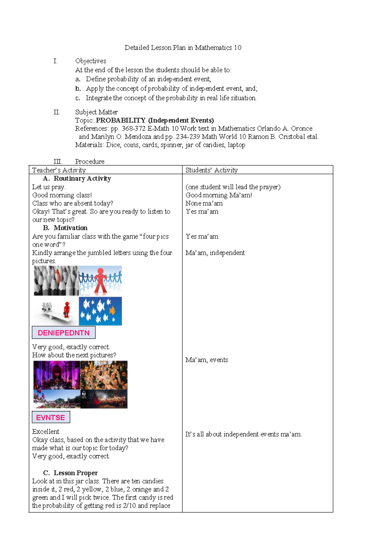 Mathematics 10 Lesson Plan: Understanding Probability of Independent ...
