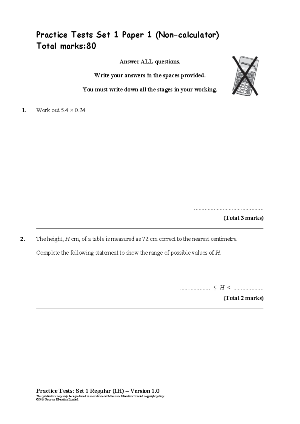 Practice Test Set 1 - Paper 1H (Non-calculator) - Total Marks: 80 - Studocu