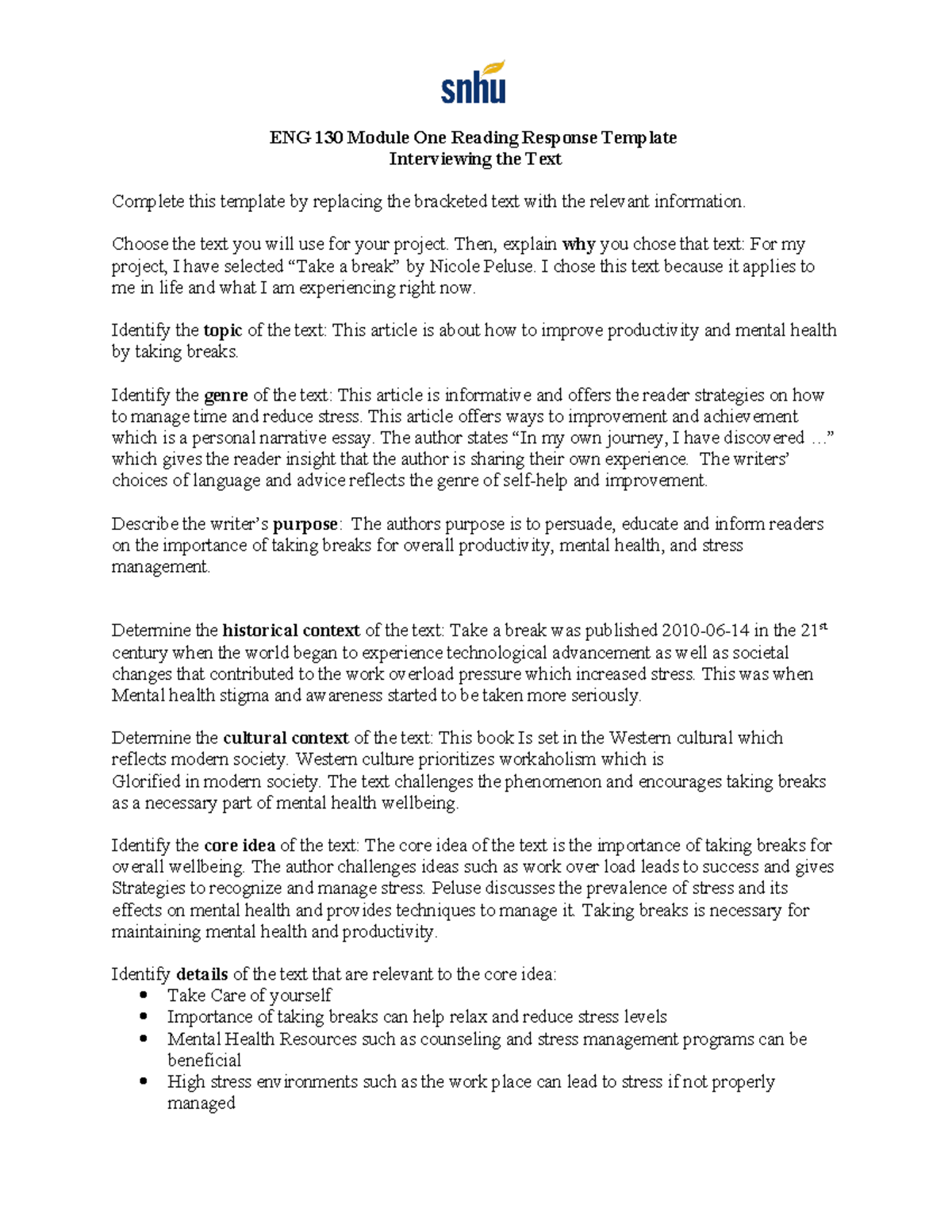 ENG 130 Module One Reading Take a Break - ENG 130 Module One Reading ...