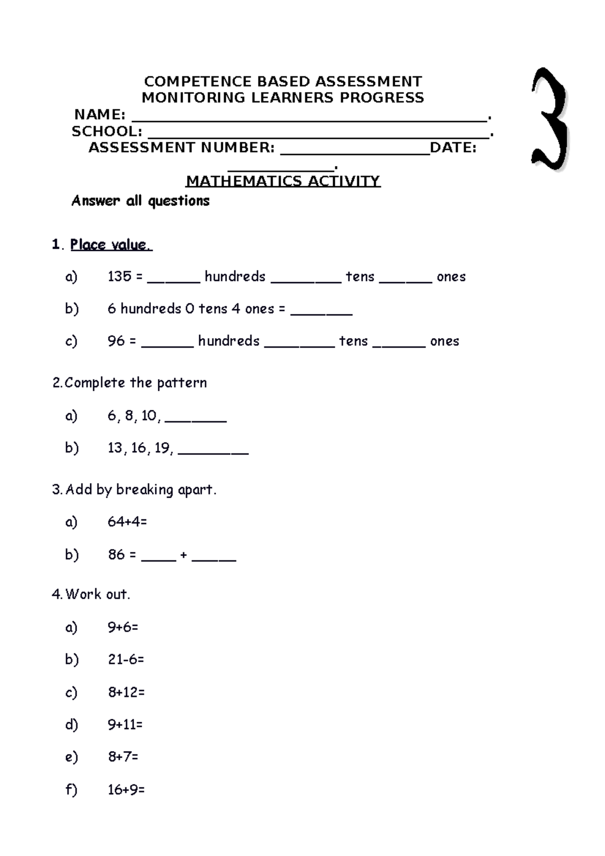 G3 Mathematics Activity: Competence-Based Assessment - Studocu