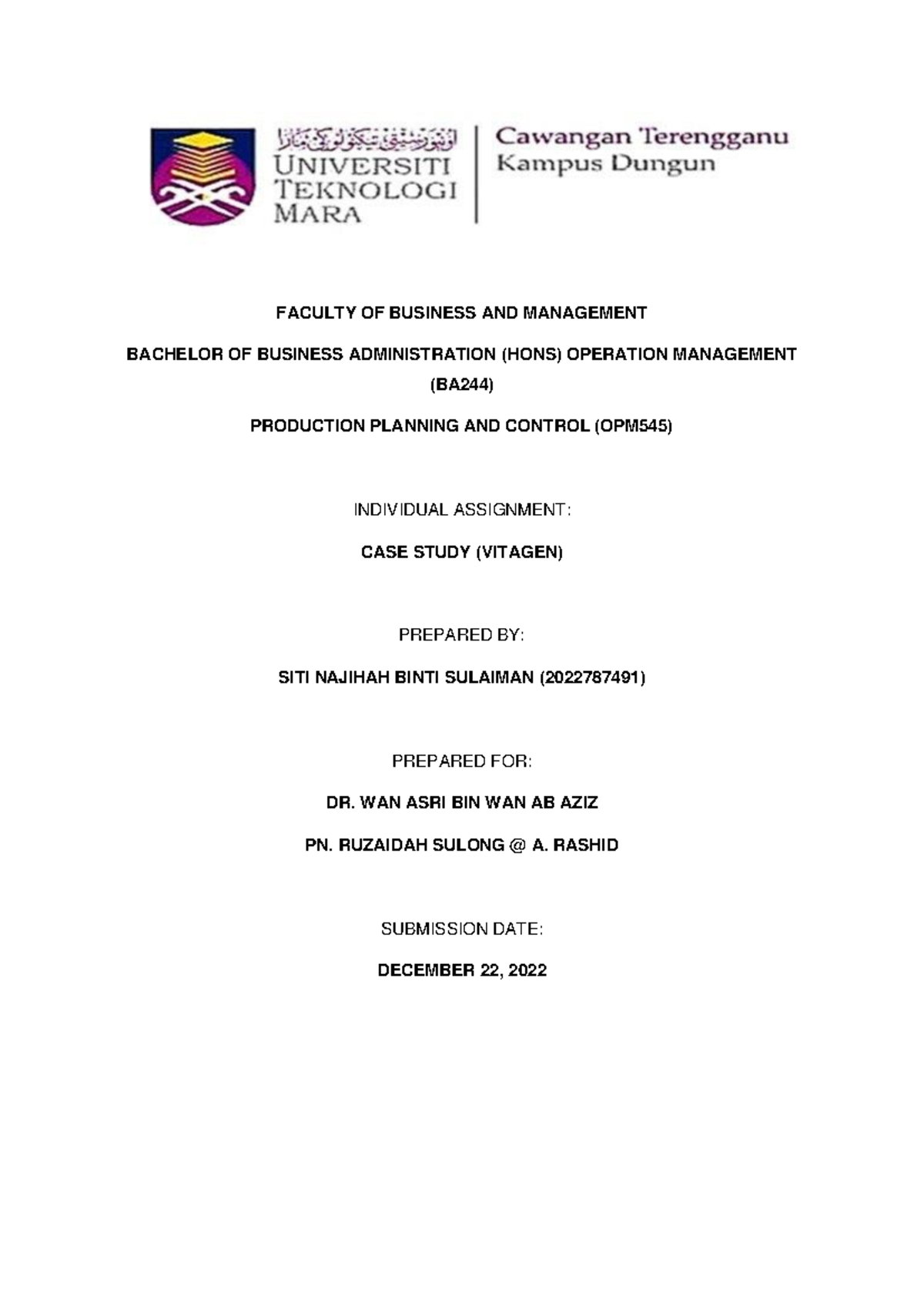 Case Study: Vitagen - Production Planning & Control (BA244/OPM545 ...