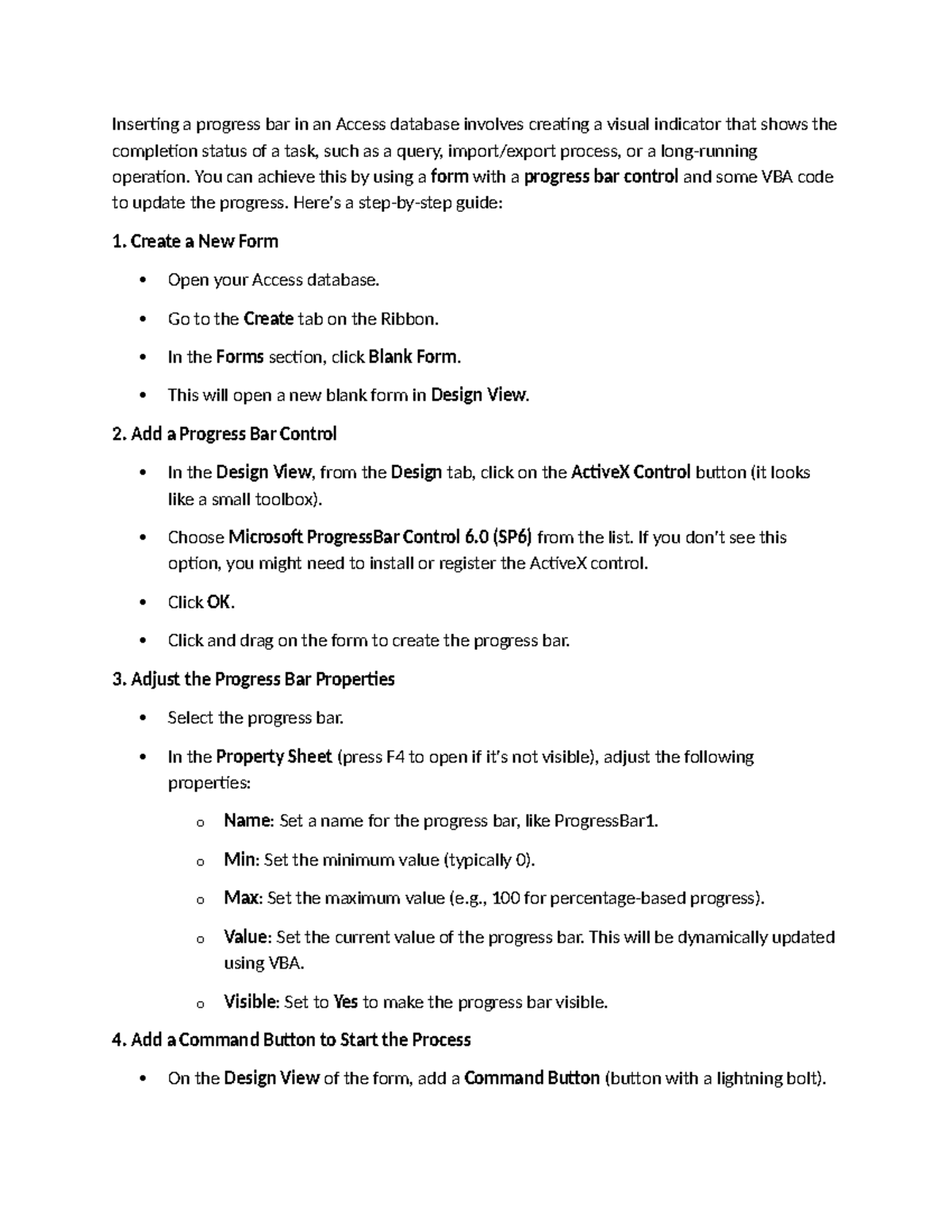 Access Database: Inserting a Progress Bar with VBA Guide - Studocu