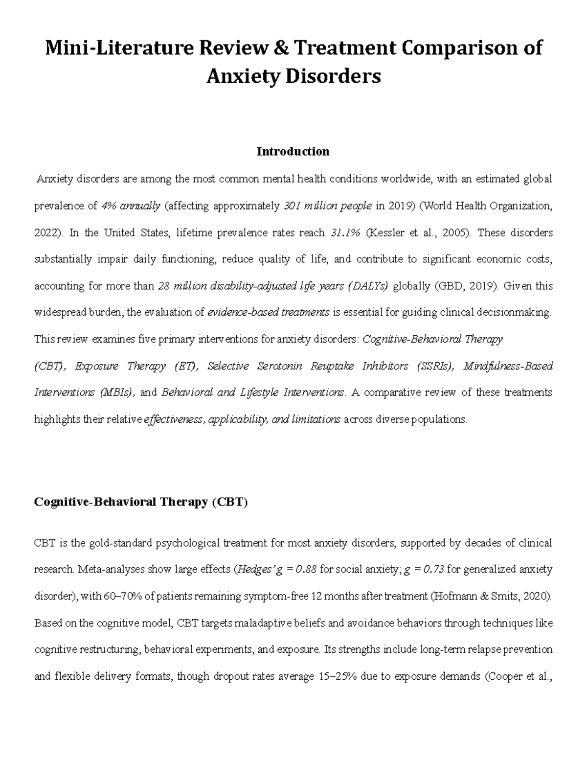 Mini Literature Review & Treatment Comparison of Anxiety Disorders ...