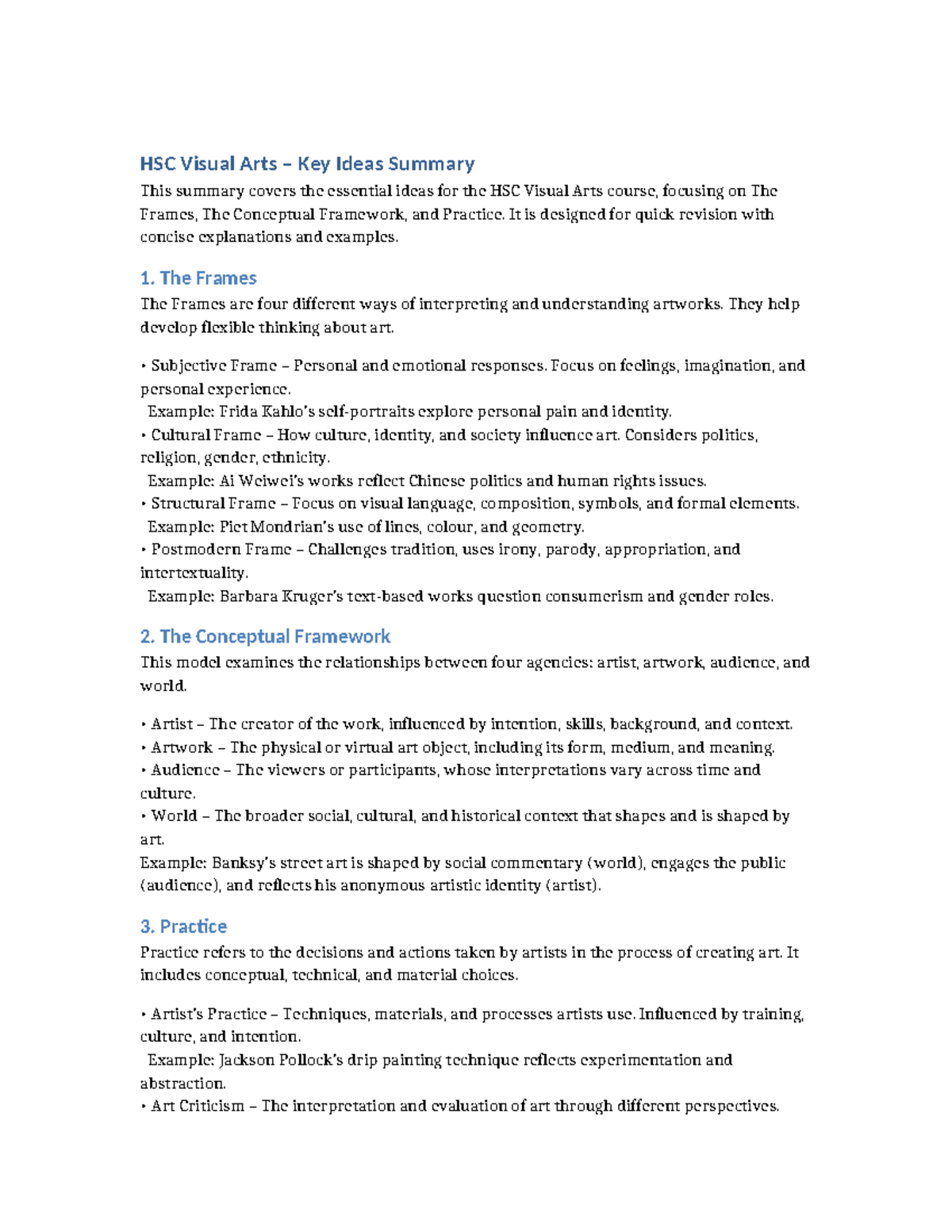 HSC Visual Arts Key Ideas Summary for Quick Revision - Studocu