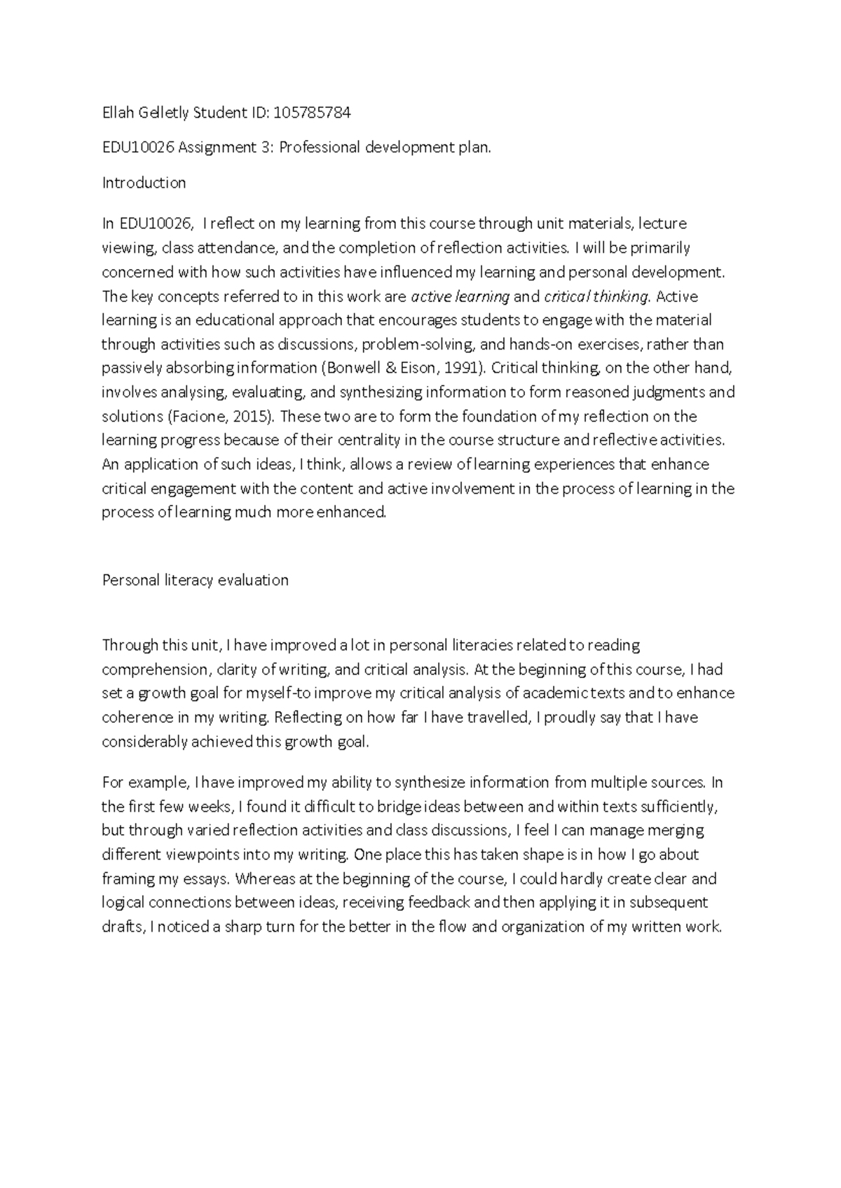 EDU10026 Assignment 3: Professional Development Plan Reflection - Studocu