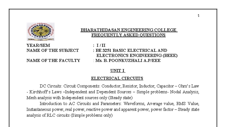 BE3251 BEEE Frequently Asked Questions and Answers - Studocu