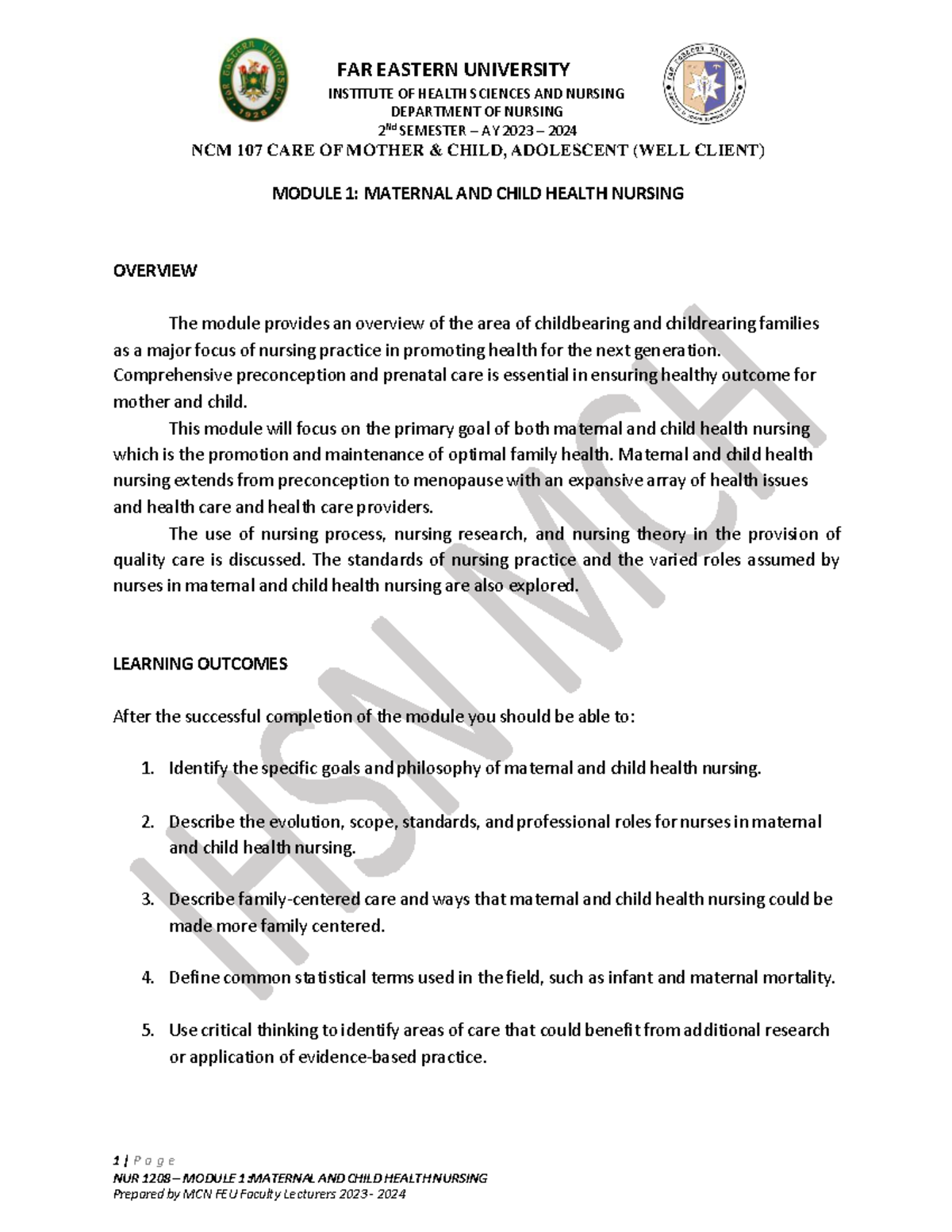 Module 1 NCM 107 Overview of Maternal & Child Health Nursing - Studocu