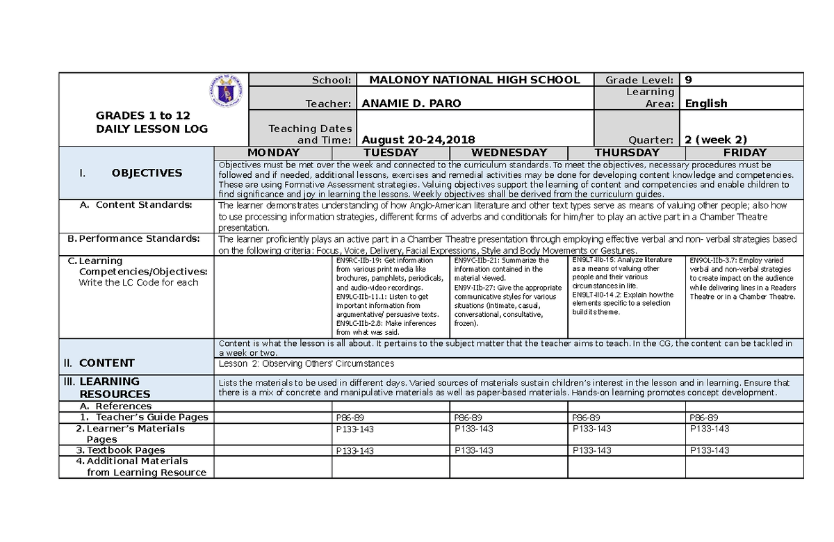 ENG 9 Q2 Wk 2 Daily Lesson Log - Observing Others’ Circumstances - Studocu