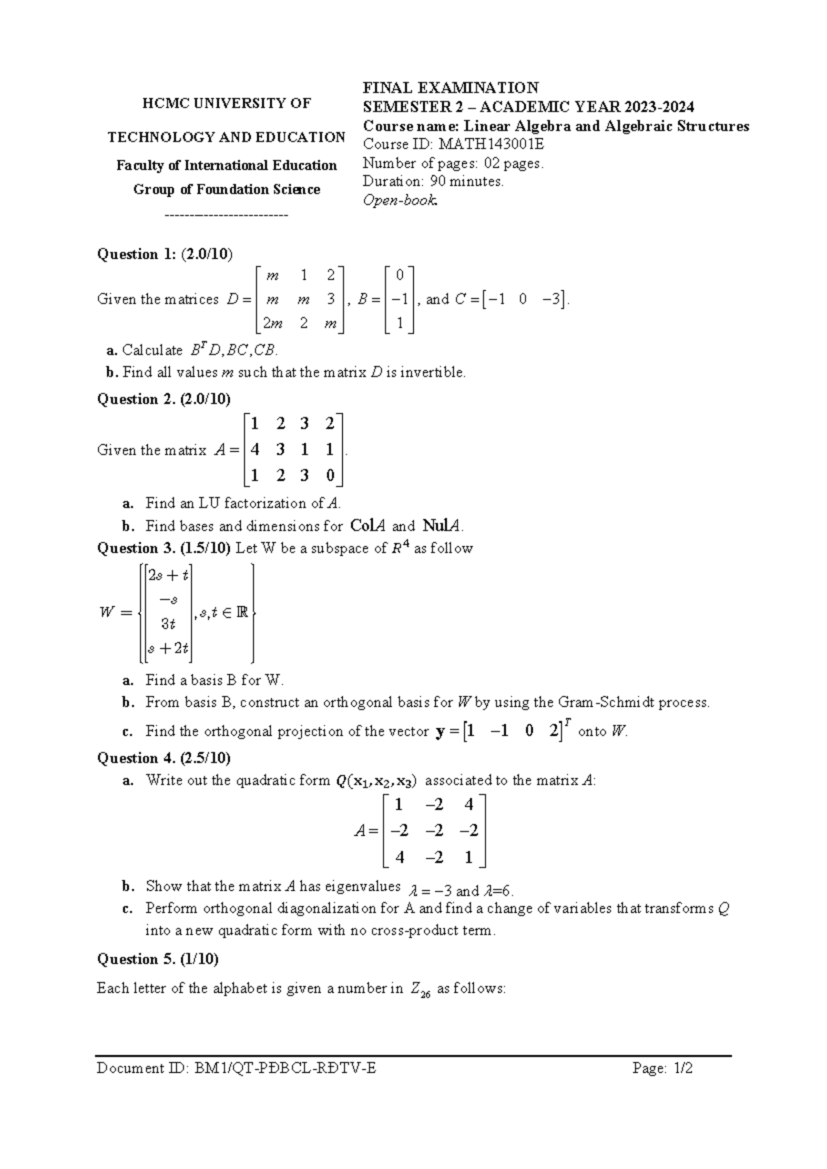 MATH143001E Final Exam: Linear Algebra & Algebraic Structures - Studocu