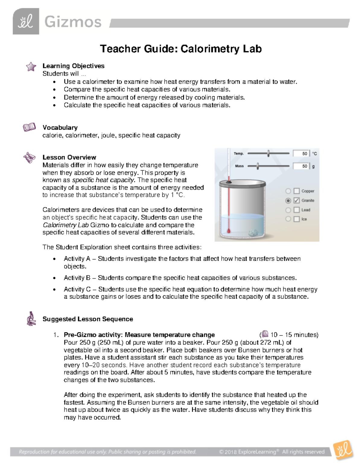Calorimetry Lab TG - Gizmo Assignment Overview and Activities - Studocu
