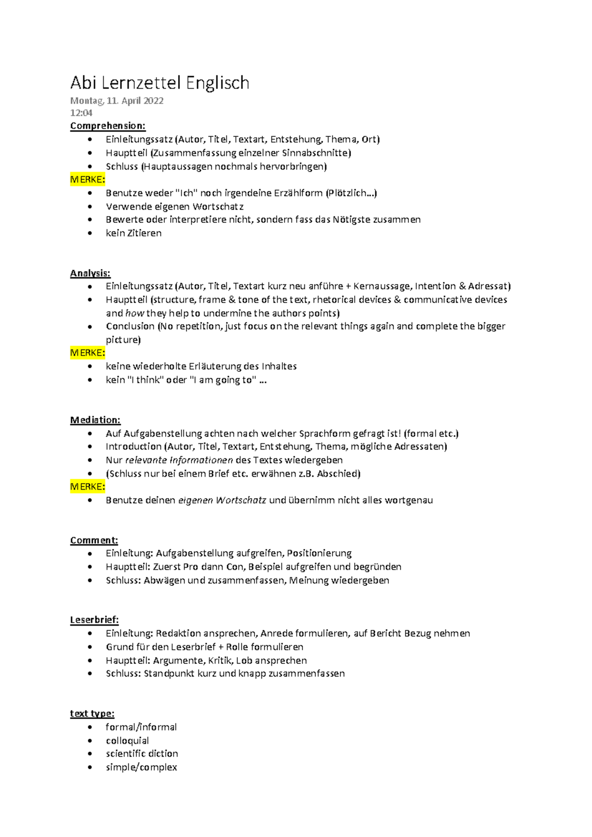 Englisch LK Abi 2024: Lernzettel zur Textanalyse und Mediation - Studocu
