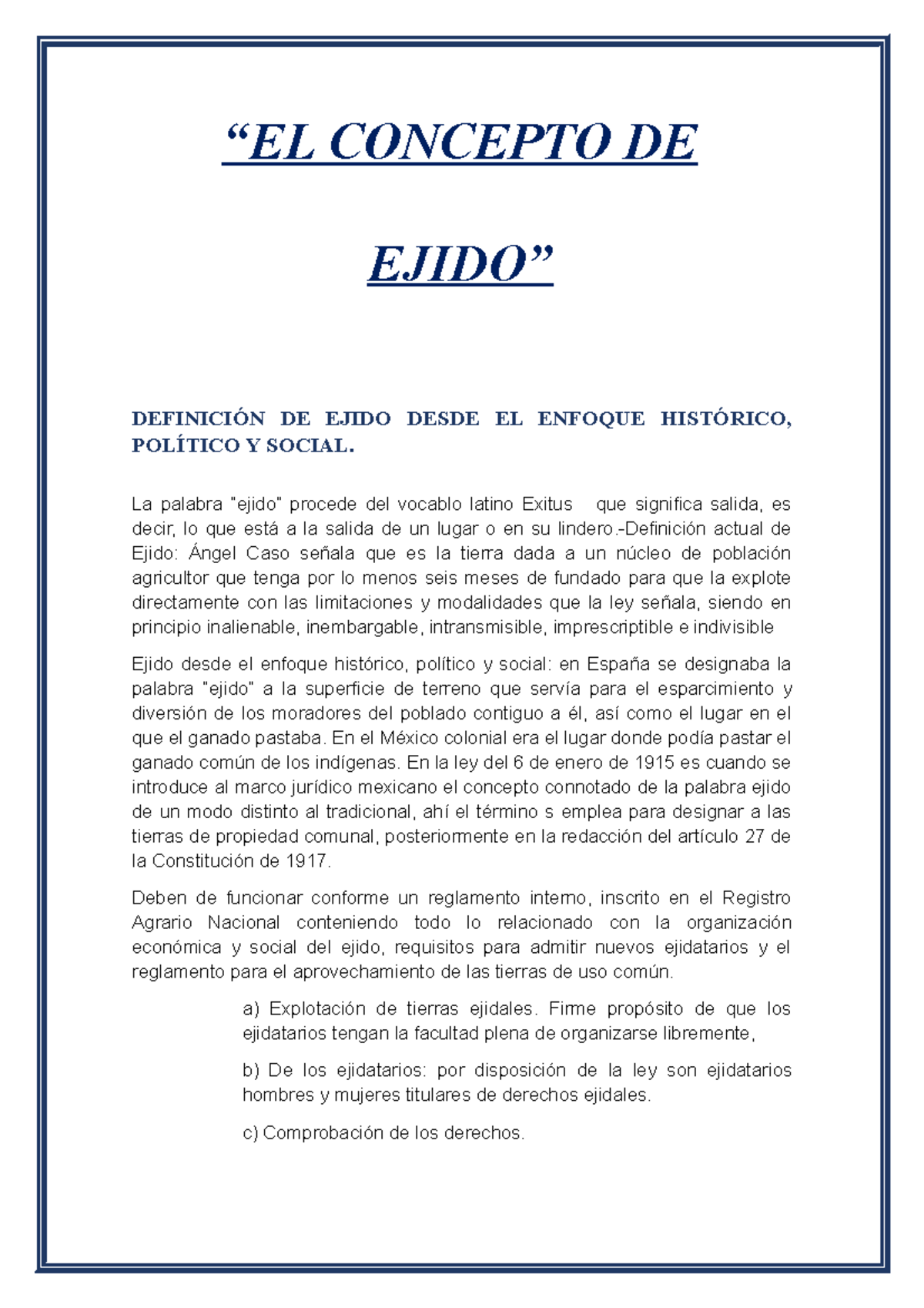 Estudio sobre el Ejido en el Derecho Agrario - Concepto y Organización ...