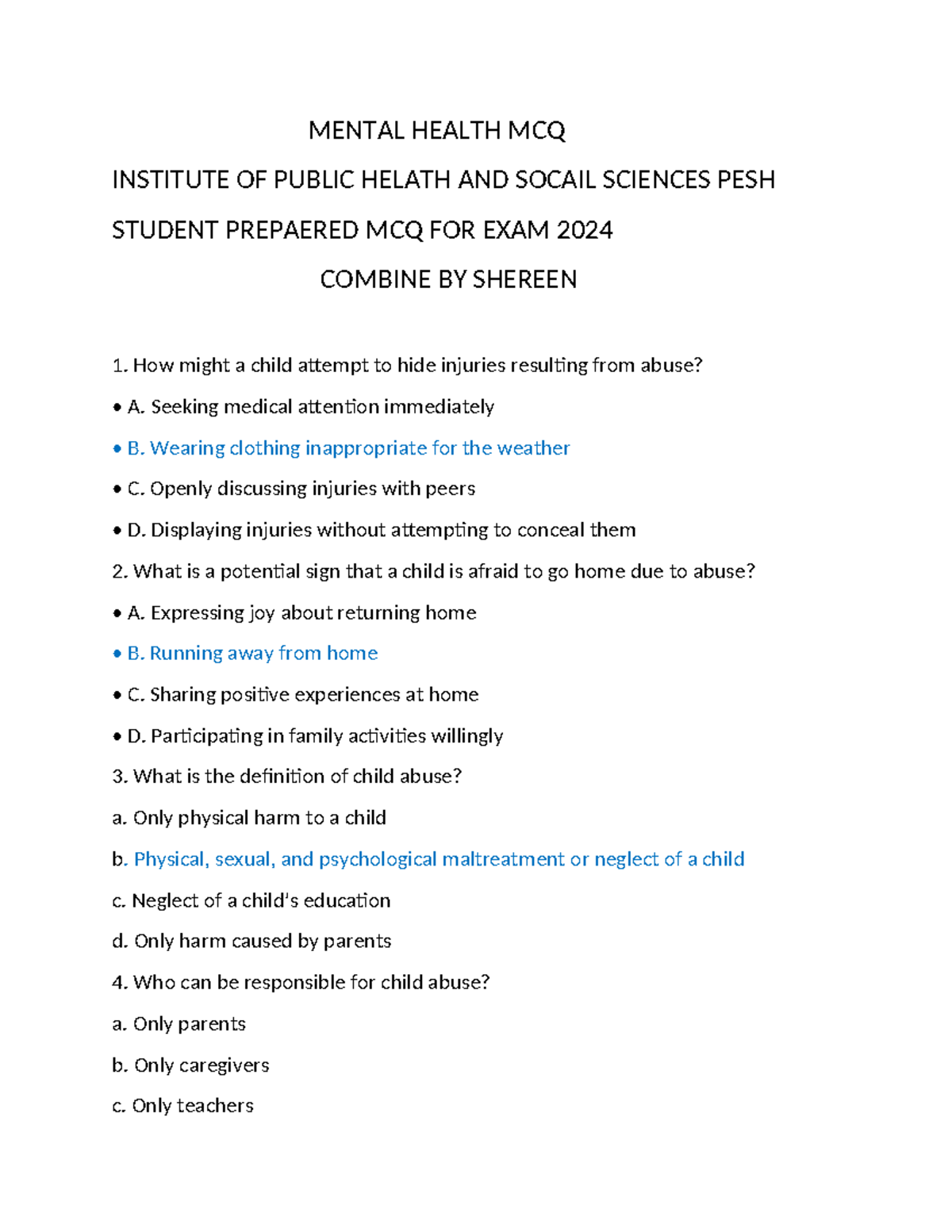 Mental Health MCQs for Exam 2024 - Institute of Public Health - Studocu