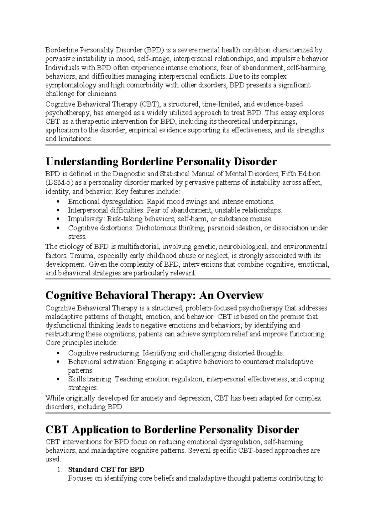 CBT for BPD: Outline and Evaluation of Therapeutic Approaches - Studocu