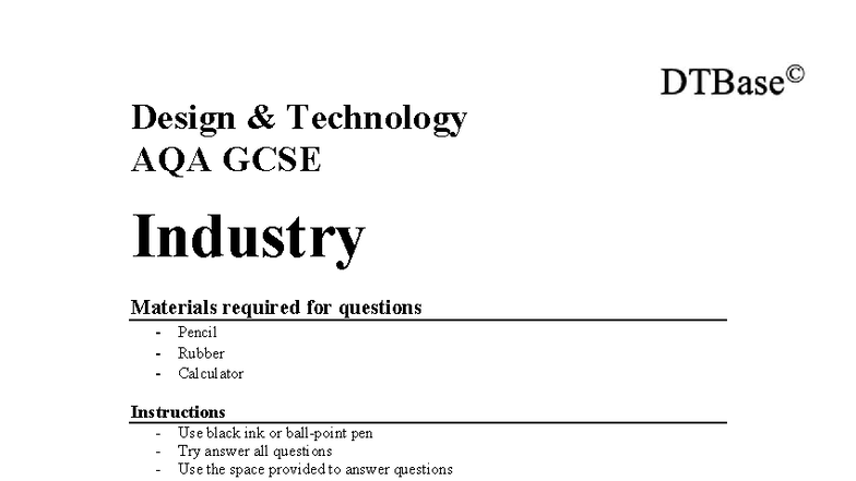 GCSE AQA Design Technology: Industry & Materials Topic Questions - Studocu