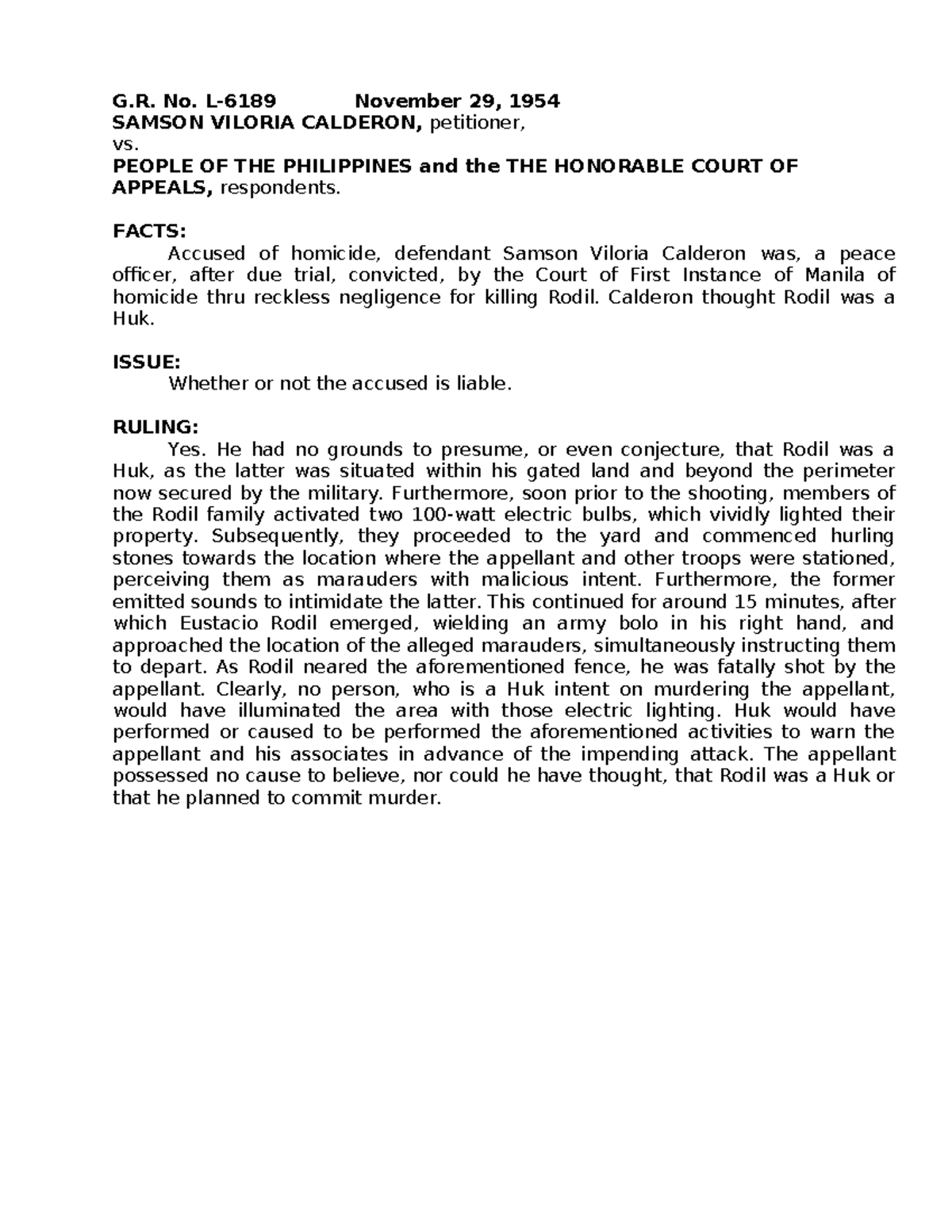 G.R. No. L-10380: Calderon vs. People - Homicide Case Analysis - Studocu