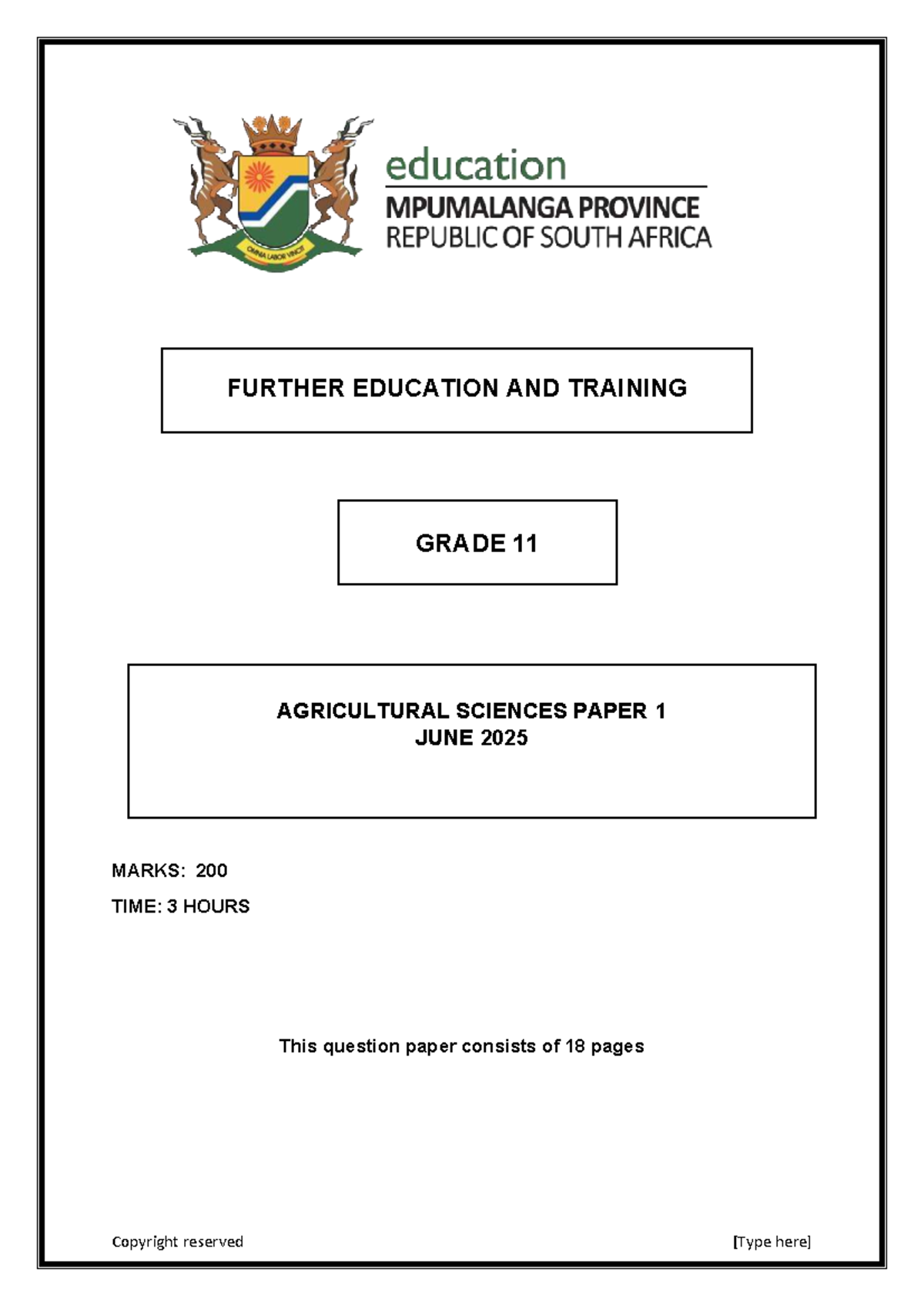 FET 2025 Agricultural Sciences Grade 11 Paper 1 June Exam - Studocu