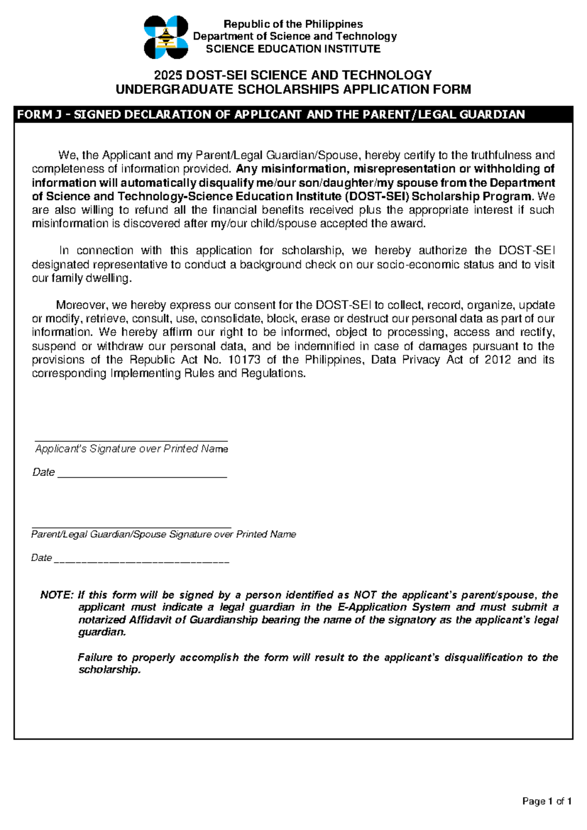 2025 DOST-SEI Scholarship Form J - Signed Declaration of Applicant - Studocu