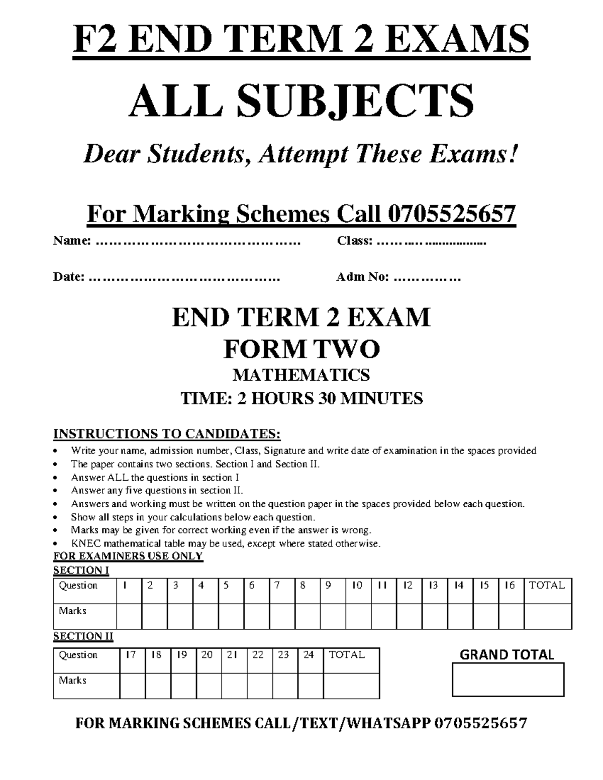 F2 Term 2 Mathematics Endterm Exam Paper and Instructions - Studocu