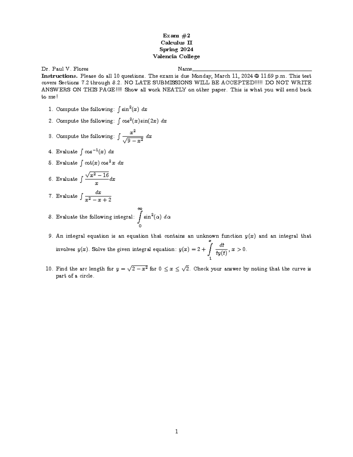 Calculus II Exam Spring 2024 - Test 2-5 Practice - Studocu