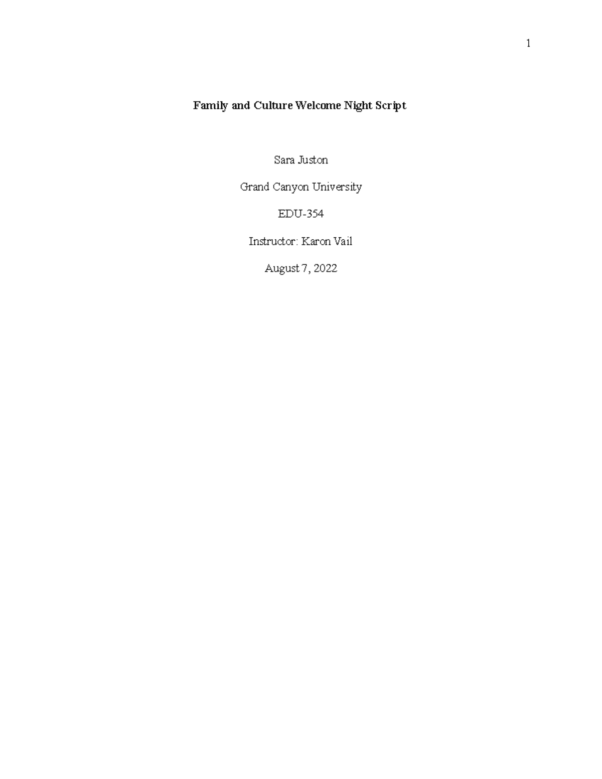 EDU 354 - Family and Culture Welcome Night Presentation Script - Studocu