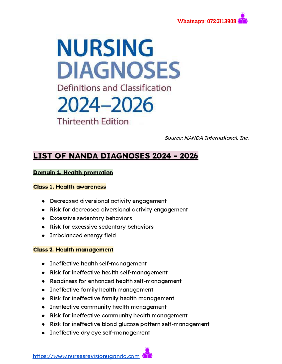 NANDA 2024-2026 Nursing Diagnosis Revision Guide - Studocu