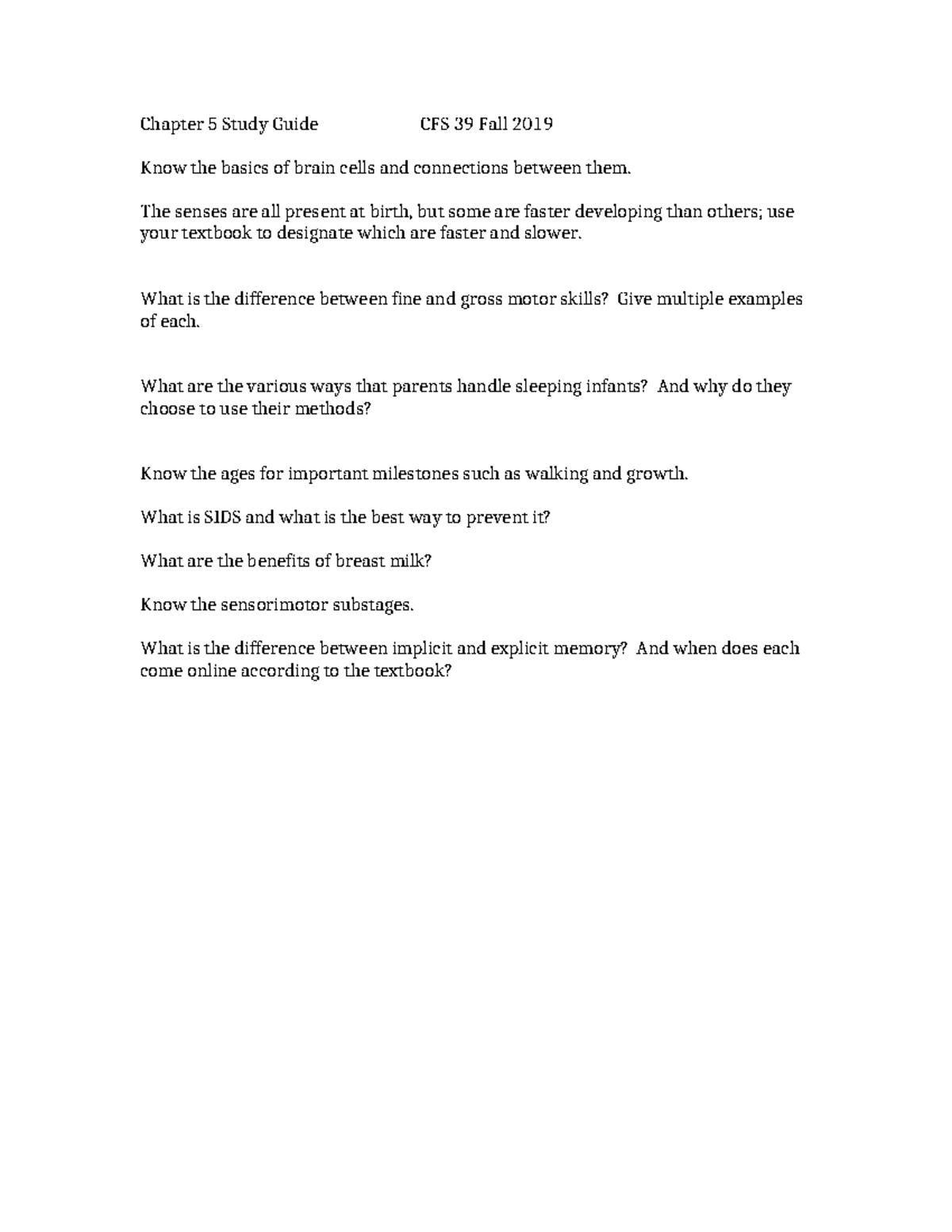 Chapter 5 Study Guide CFS 39 - Fall 2019: Brain Cells & Development ...