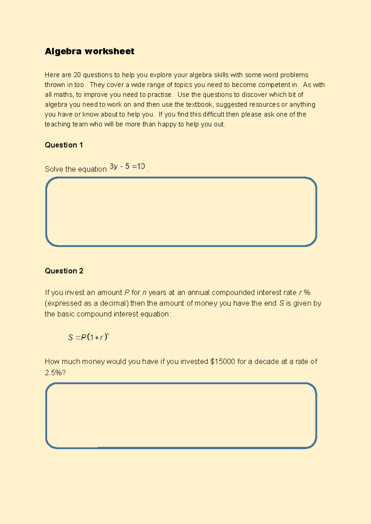 Algebra Worksheet: 20 Practice Questions for Skill Development - Studocu