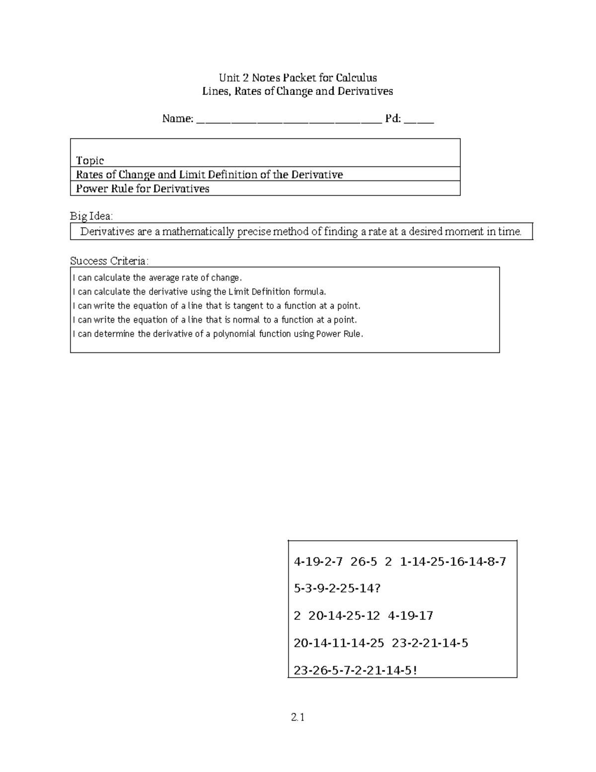 2021 Unit 2 Lines Rates of Change Deriv - Unit 2 Notes Packet for ...