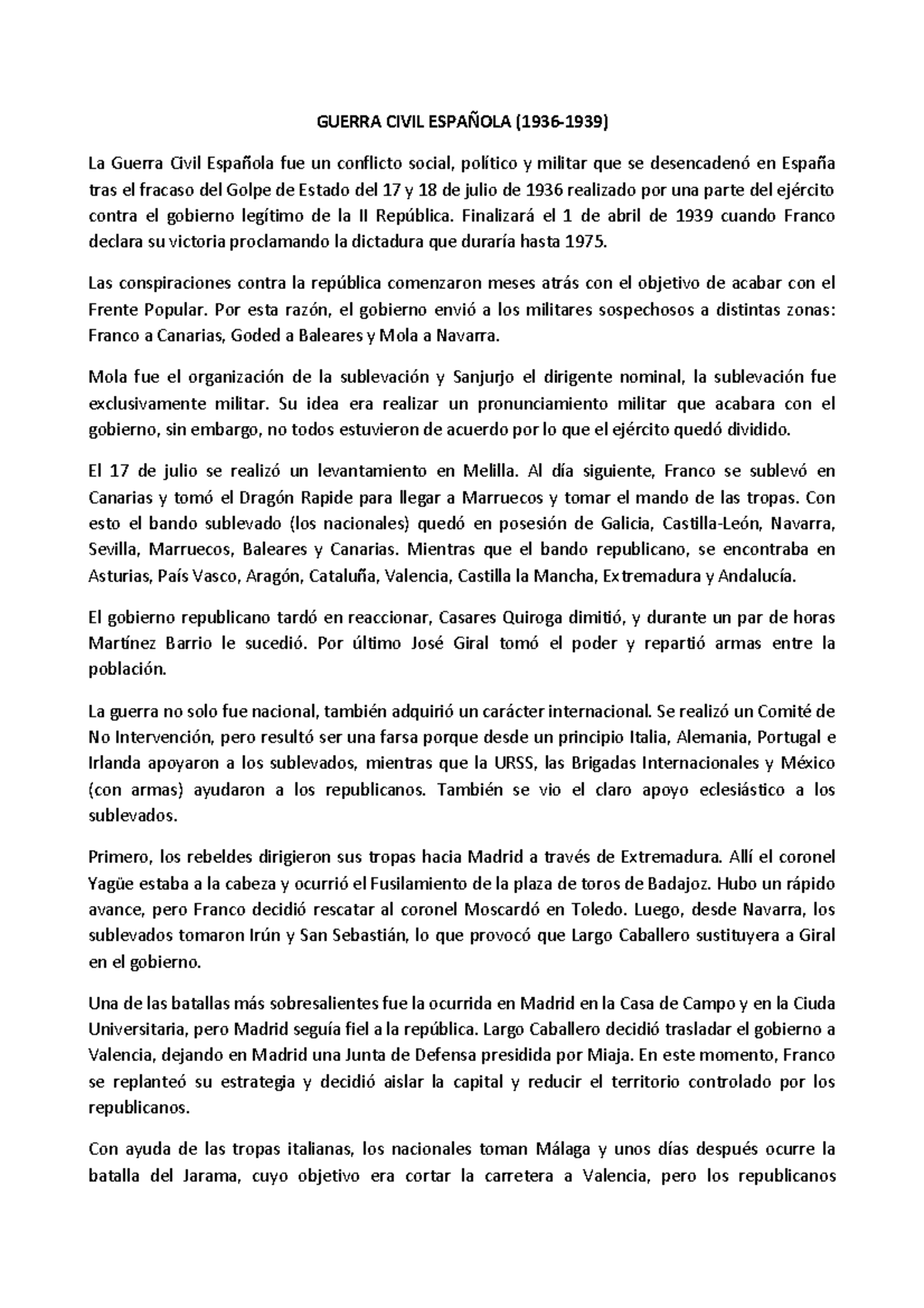 Guerra Civil Española: Conflicto y Consecuencias (1936-1939) - Studocu