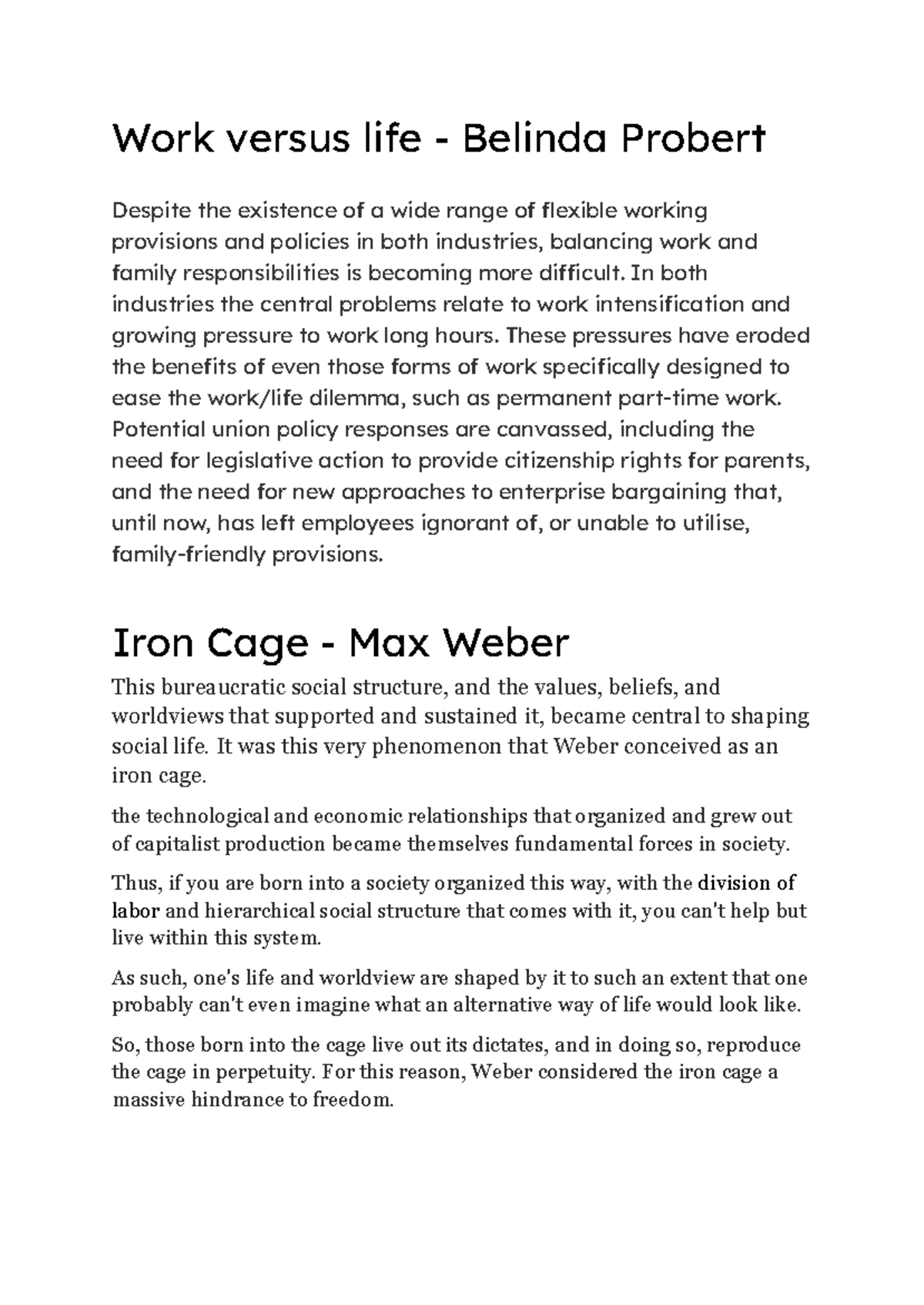 Sociology 101: Week 1 & 2 Review on Work-Life Balance and Iron Cage ...