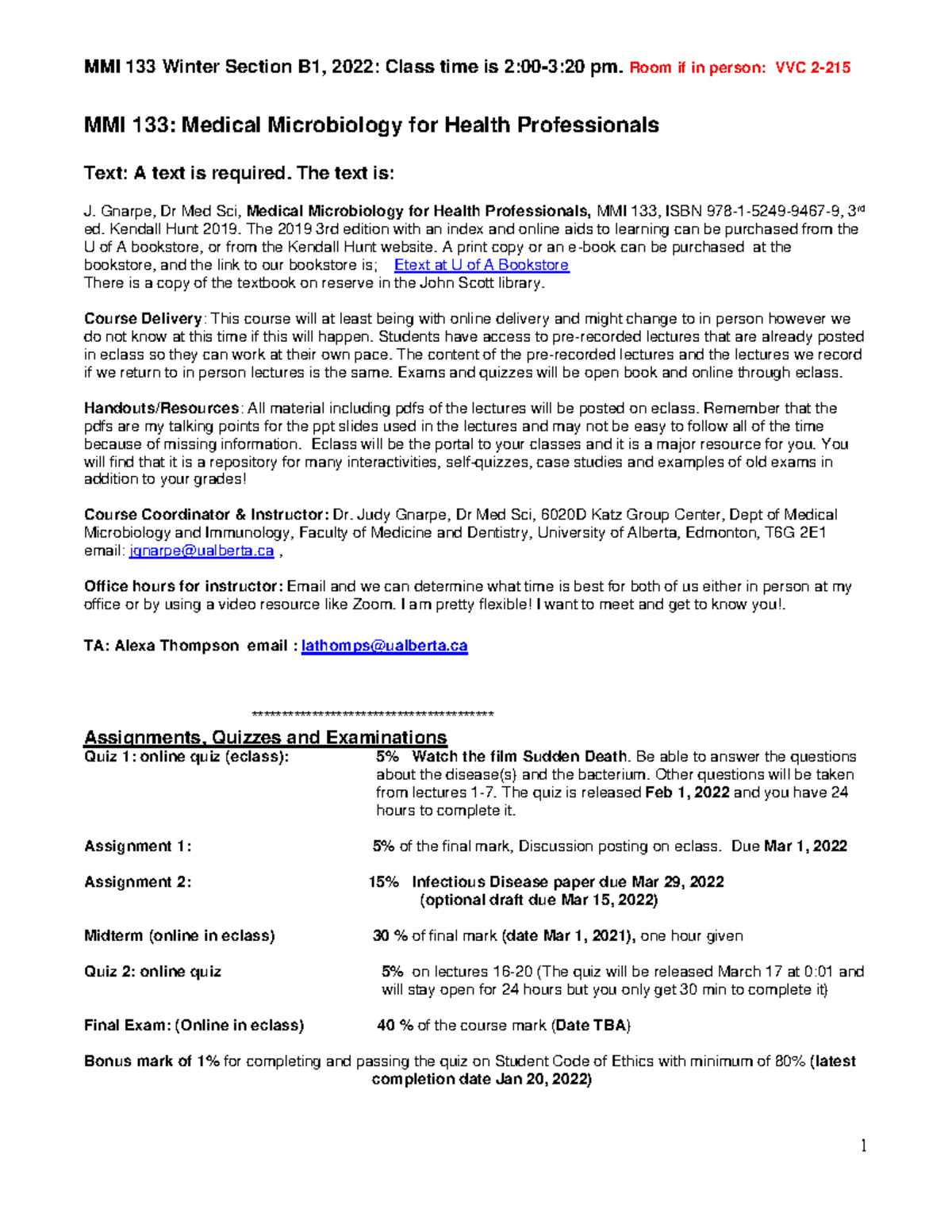 MMI 133 - Syllabus for Medical Microbiology Course Details - Studocu
