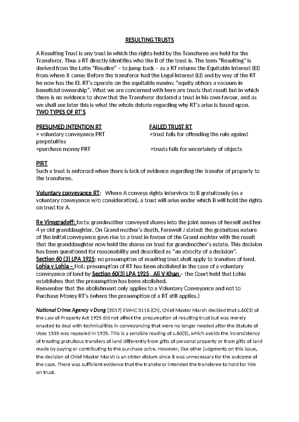 Resulting Trusts: Comprehensive Essay Notes on Legal Principles - Studocu
