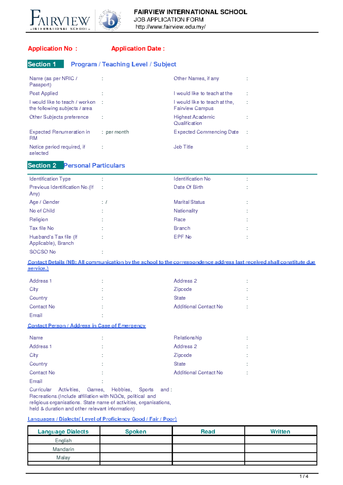 FIS Job Application Form - Fairview International School - Studocu