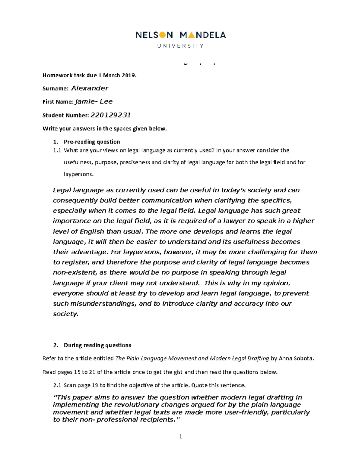 LELV 101: Homework on The Plain Language Movement in Legal English ...
