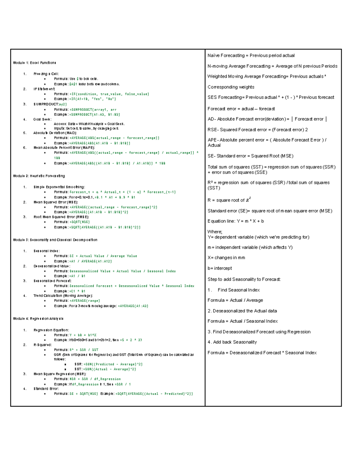 MGT 3100 Exam 1 Formula Review: Excel Functions & Forecasting Concepts - Studocu