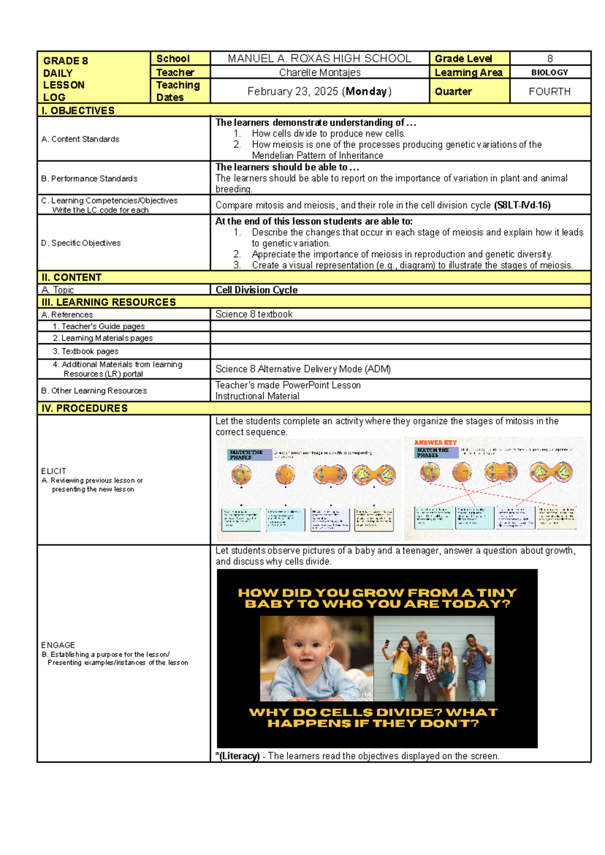 Grade 8 Biology Lesson Plan: Understanding Meiosis and Genetic ...